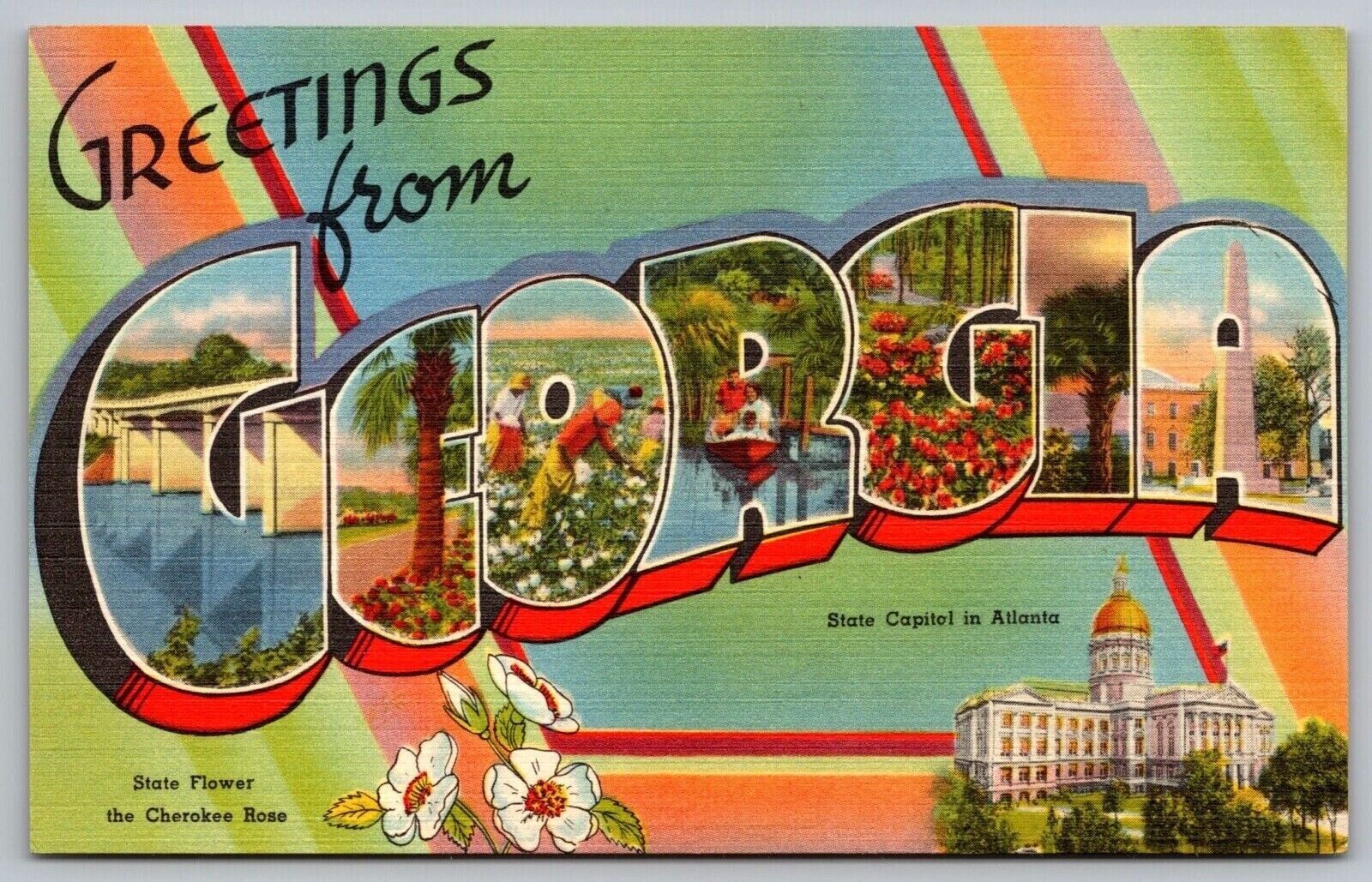Greetings Georgia Cracker State Multi View Scenic Landmarks Linen ...