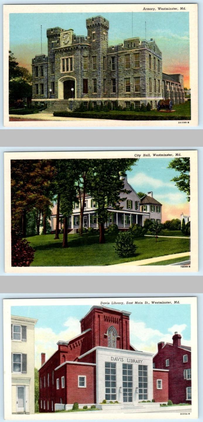 3 Postcards WESTMINSTER, Maryland MD ~ Davis Library CITY HALL Armory ...