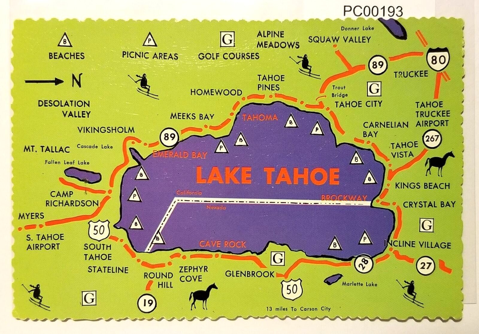 Lake Tahoe Symbolic Map Continental Scalloped Edges Postcard | United ...