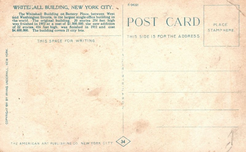 Vintage Postcard 1910's Whitehall Office Building on Battery Place New ...