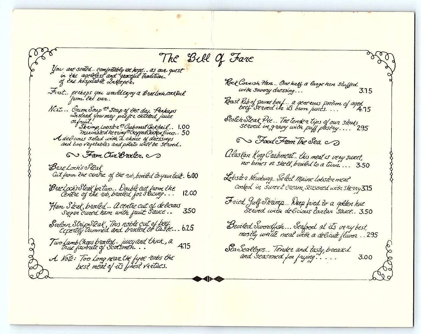 CAZENOVIA, NY New York ~ BRAE LOCH INN Folding c1950s w/Menu Inside ...