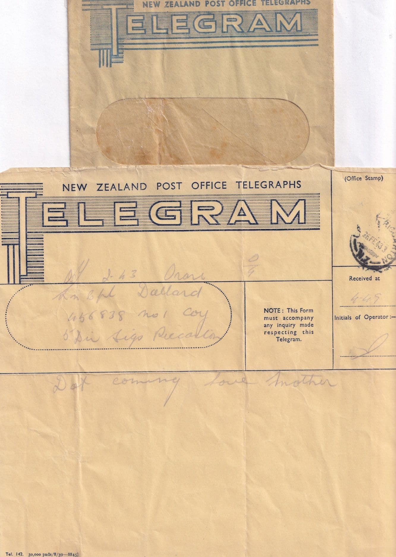Riccarton Christchurch New Zealand 1943 WW2 2x Telegram + Envelope ...