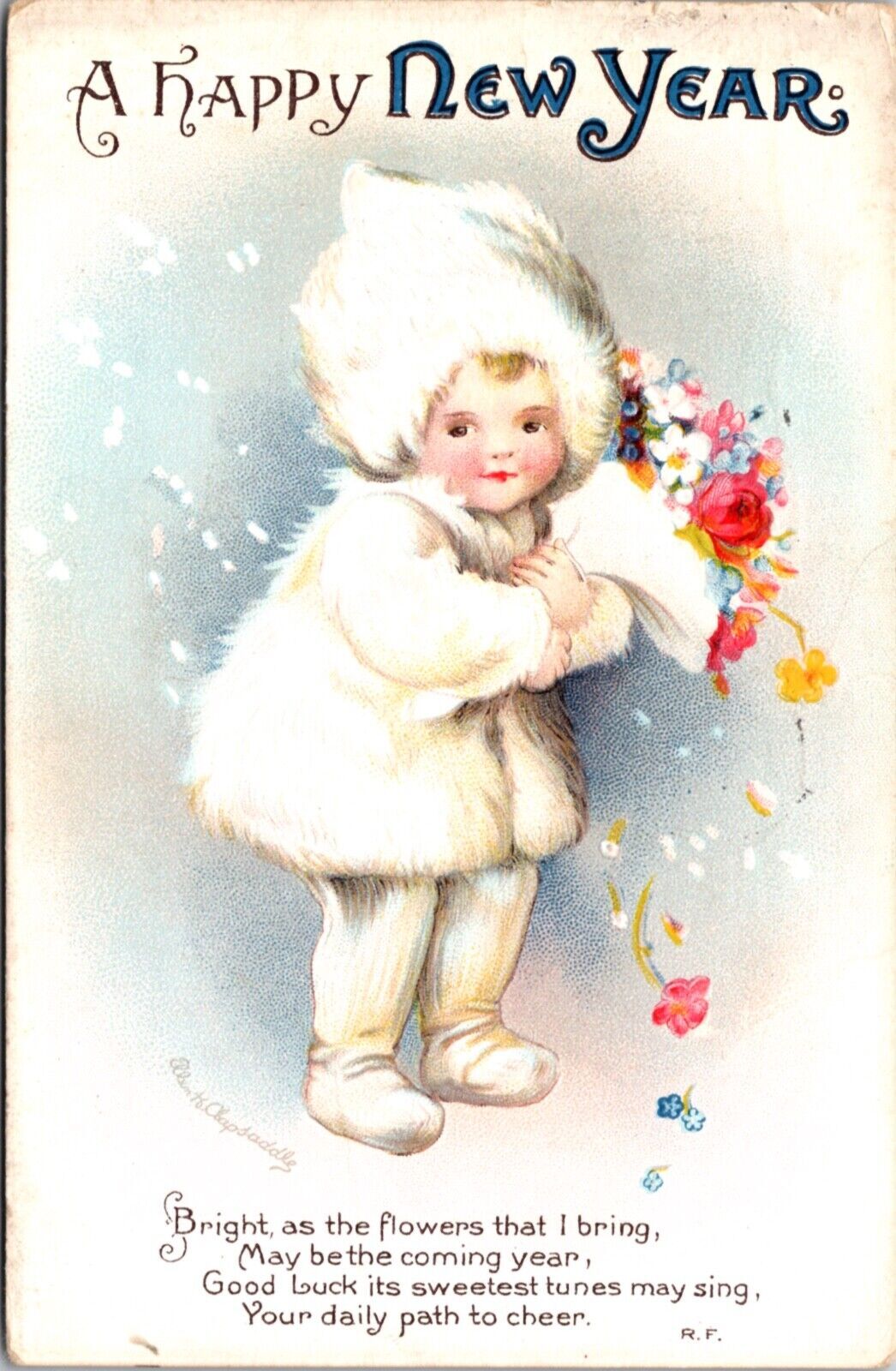 Clapsaddle New Year Postcard Little Girl in White Fur Snowsuit Flower ...
