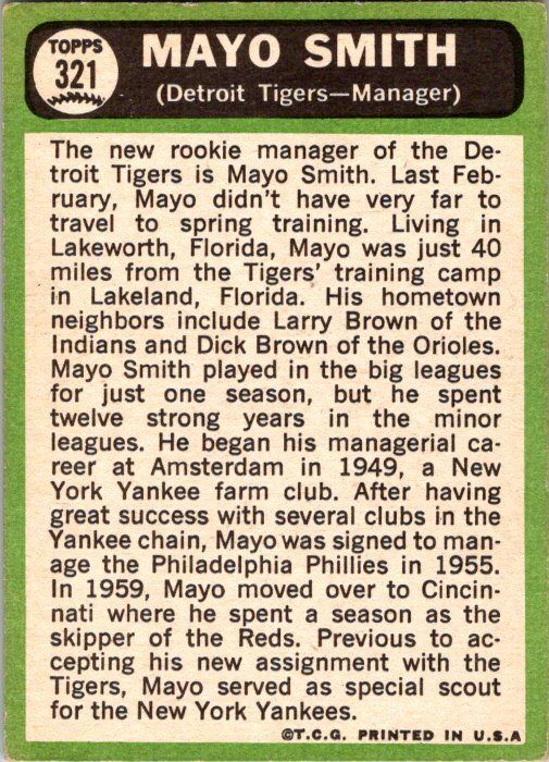 1967 Topps Baseball Card Mayo Smith Manager Detroit Tigers sk2265 ...