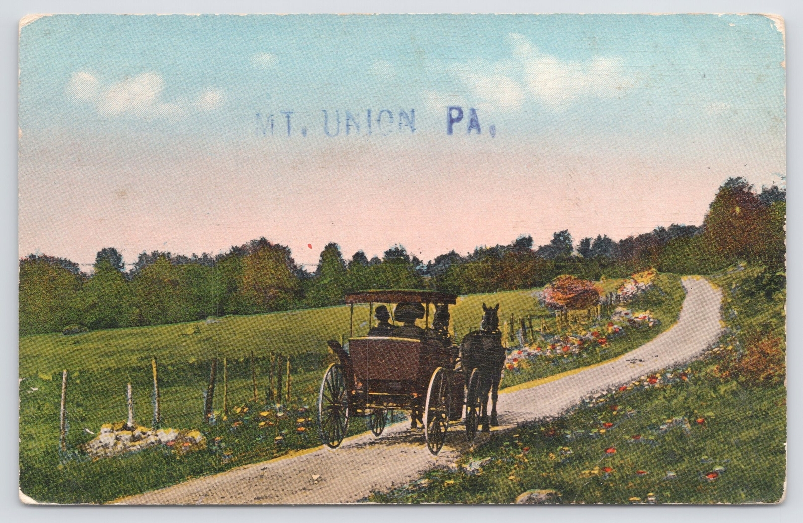 Animal~Horse Drawn Carriage By Field Mt Union PA~Vintage Postcard ...