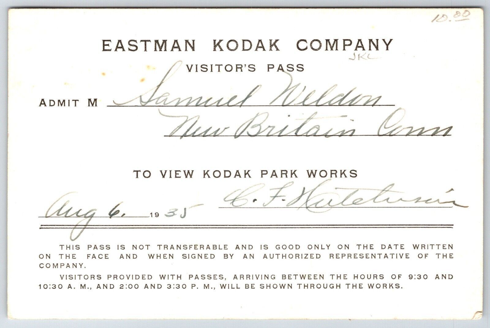 Rochester New York~New Britain CT Visitor Samuel Weldon~Eastman Kodak ...