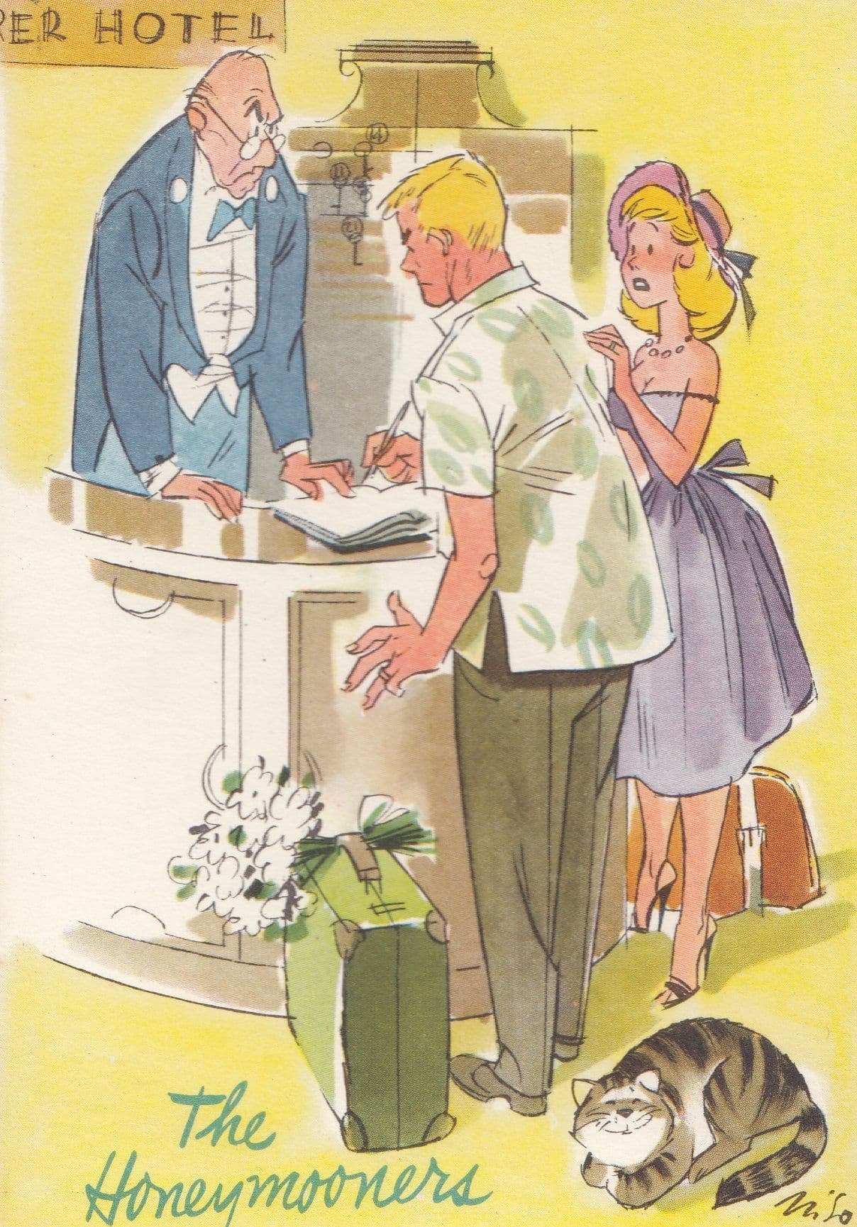 Hotel Cat in Reception Watching Honeymoon Couple Arrive Comic Postcard ...