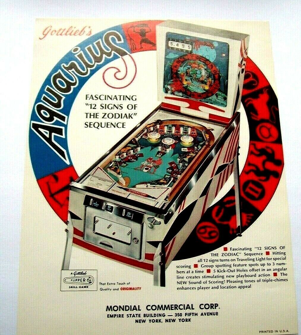 Aquarius Pinball Flyer Original NOS 1970 Art Zodiac Horoscope 8.5 x 11 ...