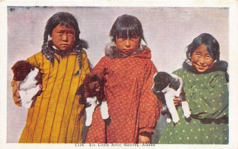 SIX Little Arctic Natives Alaska Indian Children & Dogs Postcard (C ...