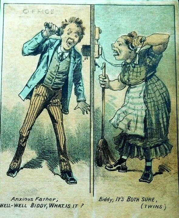 Victorian Trade Card Anxious Father & Lady With Broom Telephone Humor ...