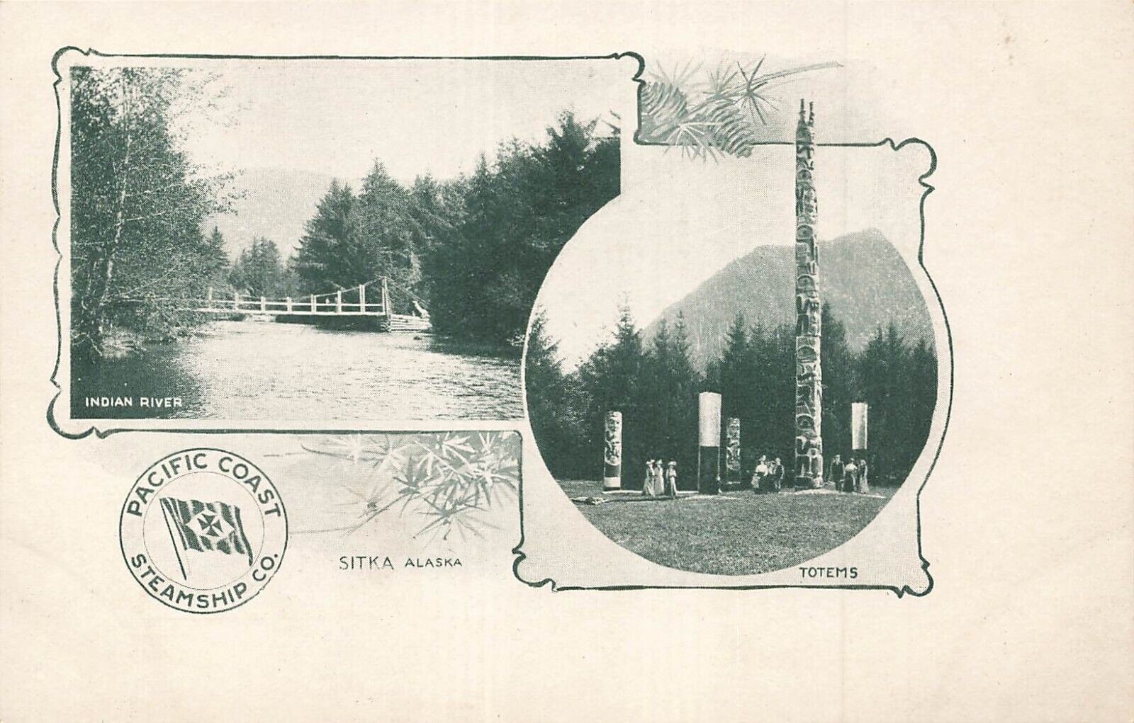 Sitka Alaska~Bridge Over Indian River + Totems~1900S Pacific Steamship ...