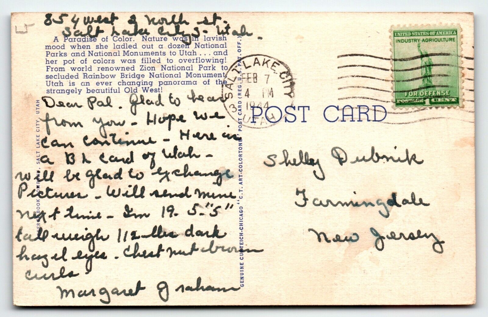 Greetings From Utah Large Big Letter Linen Postcard Curt Teich 1944 ...