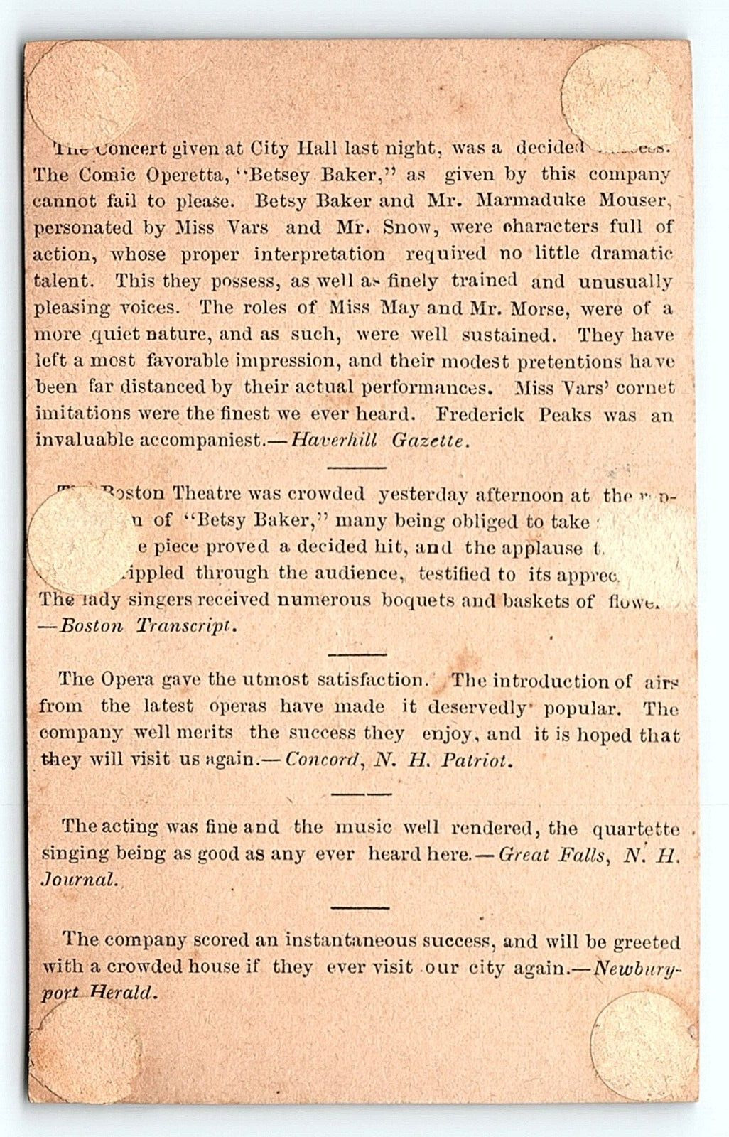 C1880 Boston Opera Company Betsey & Baker Good Luck Victorian Trade ...