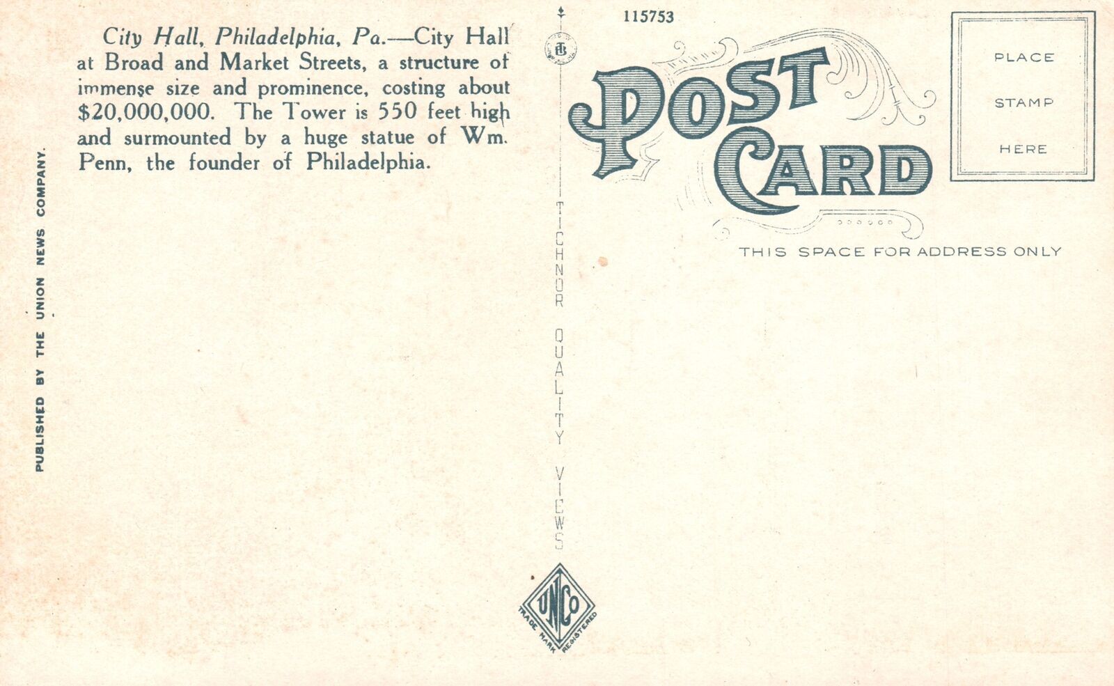 Vintage Postcard City Hall Building Street Roadway Philadelphia ...