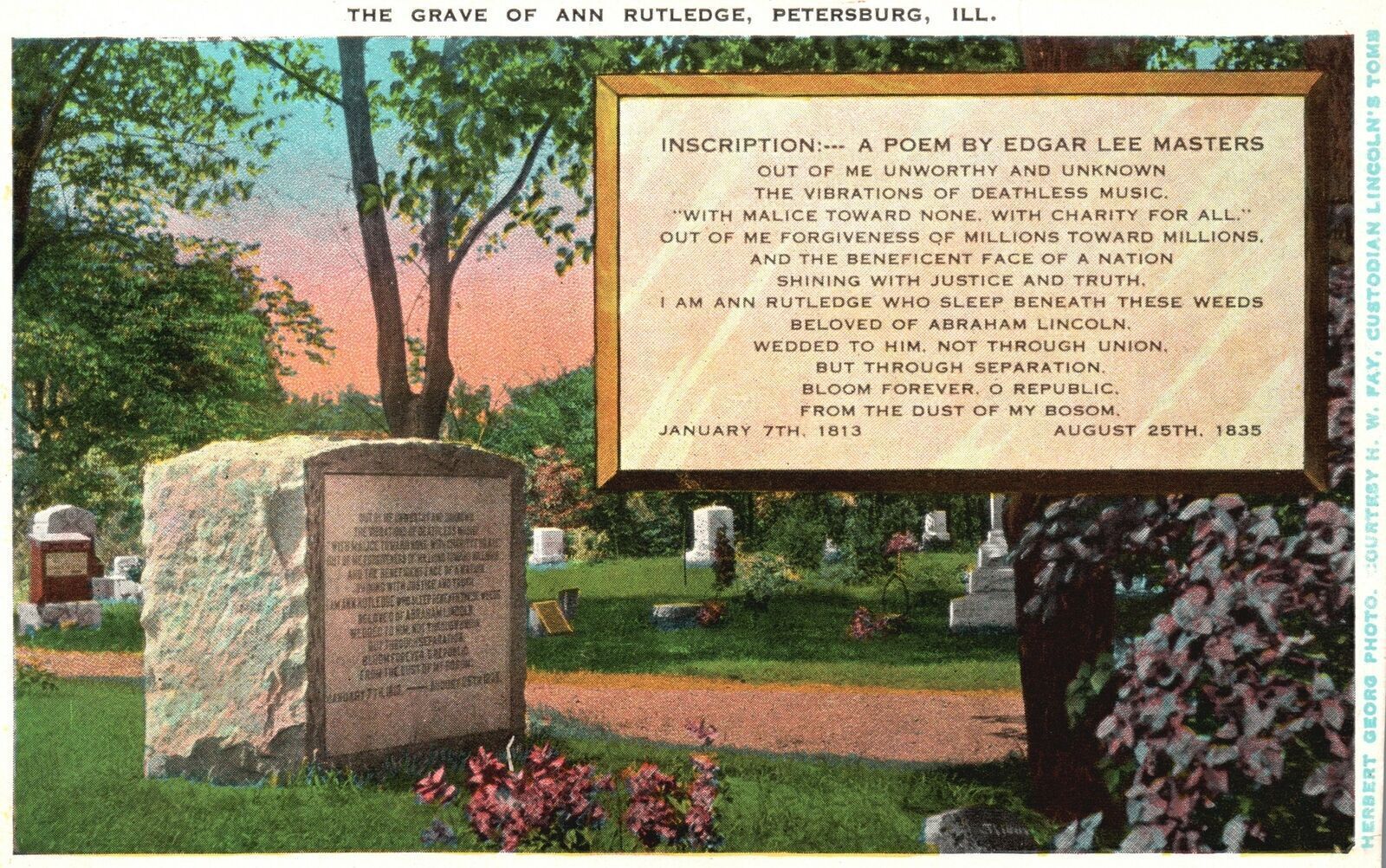 Vintage Postcard 1920s View of The Grave Of Ann Rutledge Petersburg ...