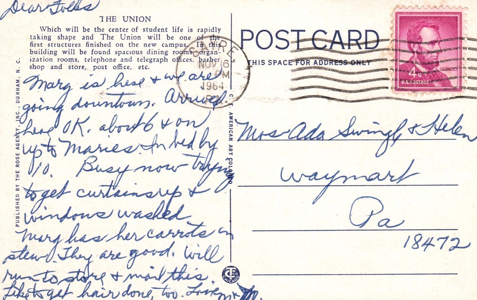 Vintage Postcard 1964 Union Duke University Campus Bldg. Durham North ...