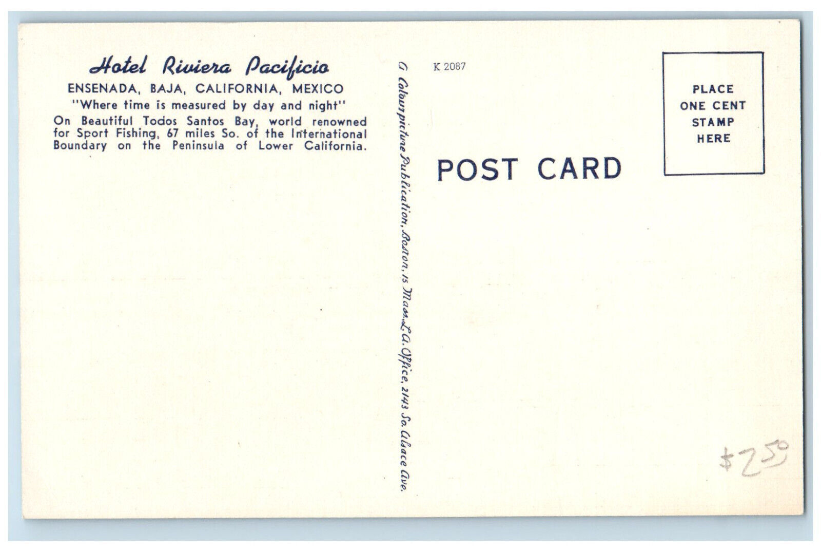 Ensenada Baja California Mexico Postcard Hotel Riviera Pacifico c1930's ...