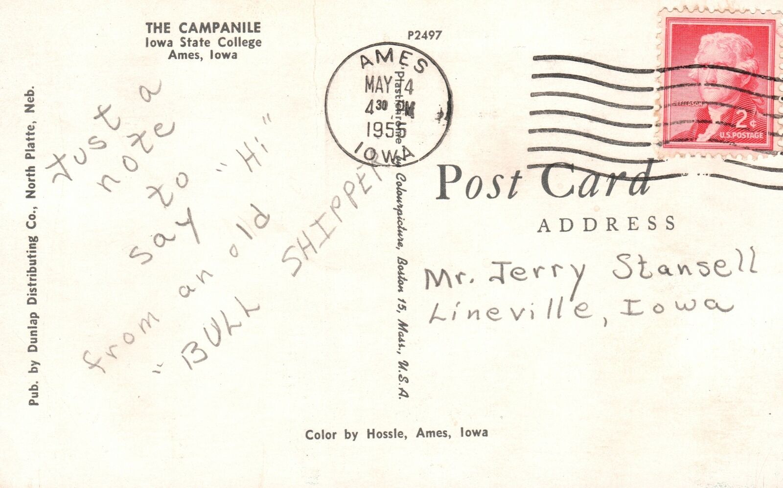 Vintage Postcard 1955 The Campanile Tower Iowa State College School ...