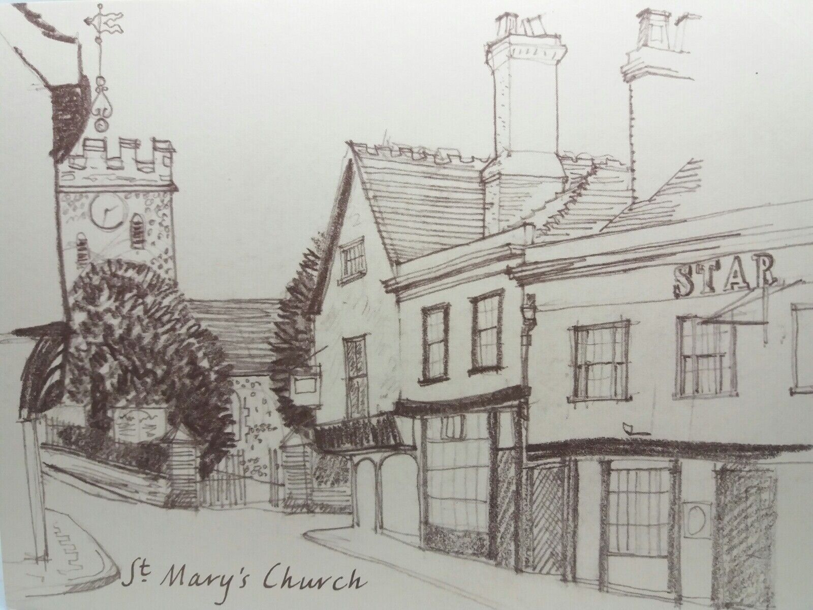 St Marys Church & The Star Inn Guildford Surrey Vintage Sketch Drawing ...