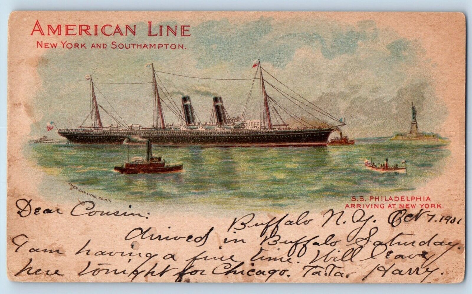SS Philadelphia Postcard Arriving At New York Pan American Expo 1901 ...