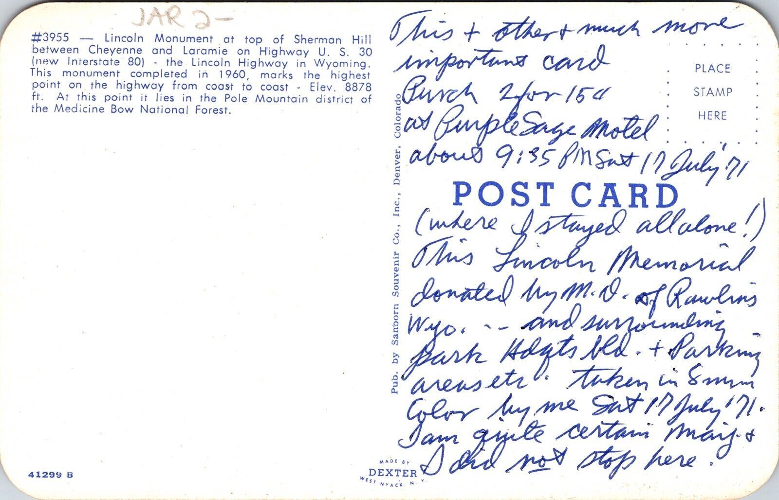 Lincoln Monument Top Sherman Hill Cheyenne Laramie Hwy 30 Postcard UNP ...