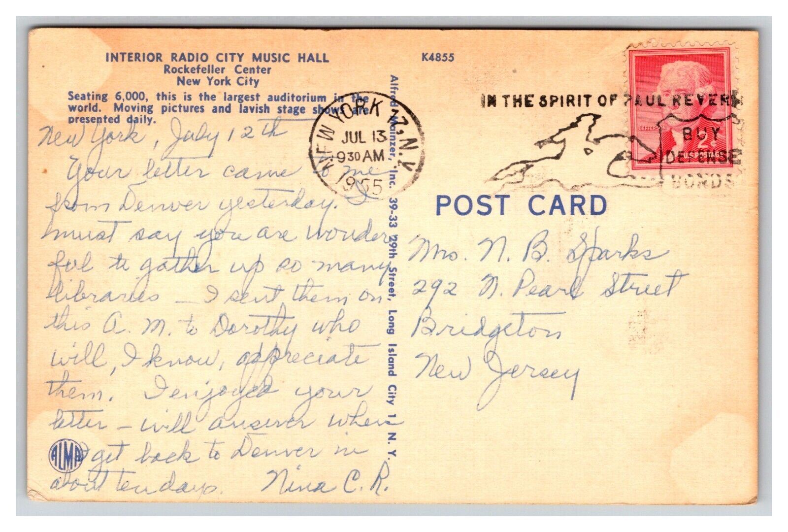 Vintage 1955 Postcard Radio City Music Hall, Rockefeller Center, New ...