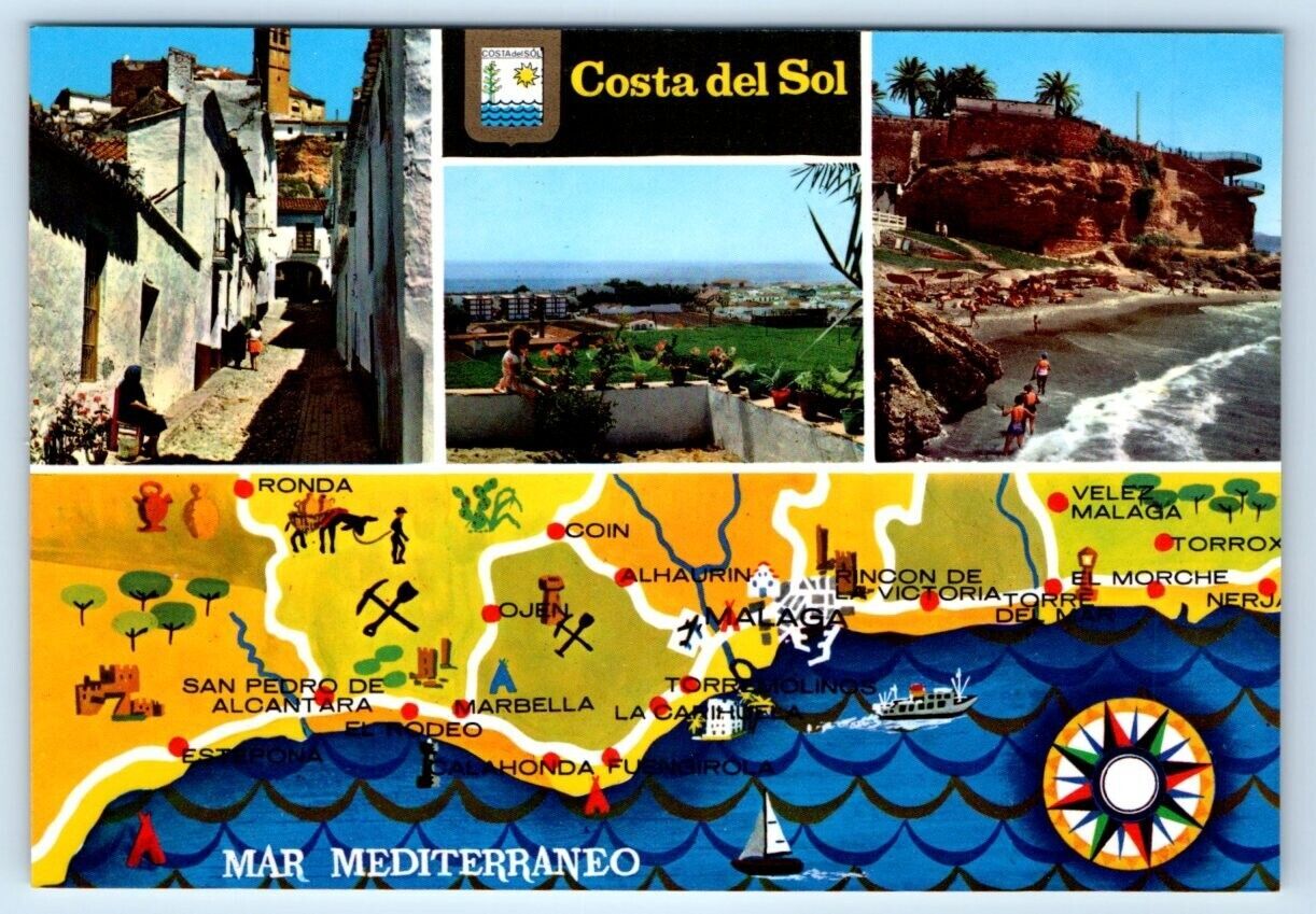 COSTA DEL SOL illustrated map multiview SPAIN 4x6 Postcard | Europe ...