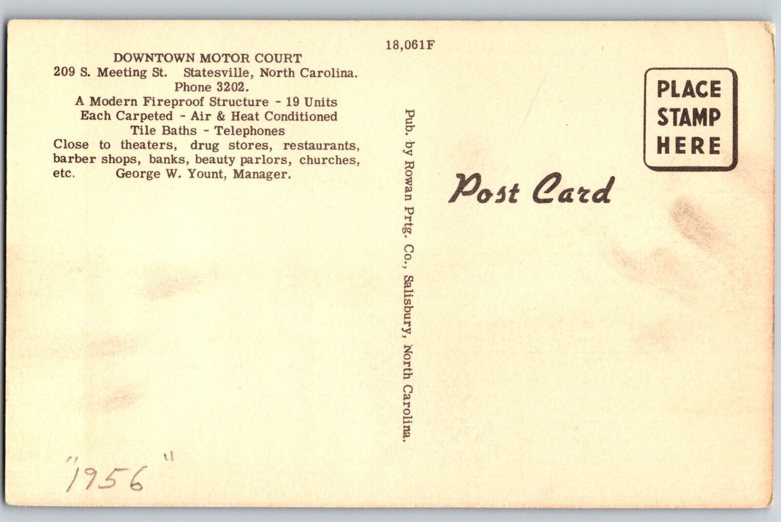 Downtown Motor Court George Yount Mgr Statesville NC C1940 Postcard ...