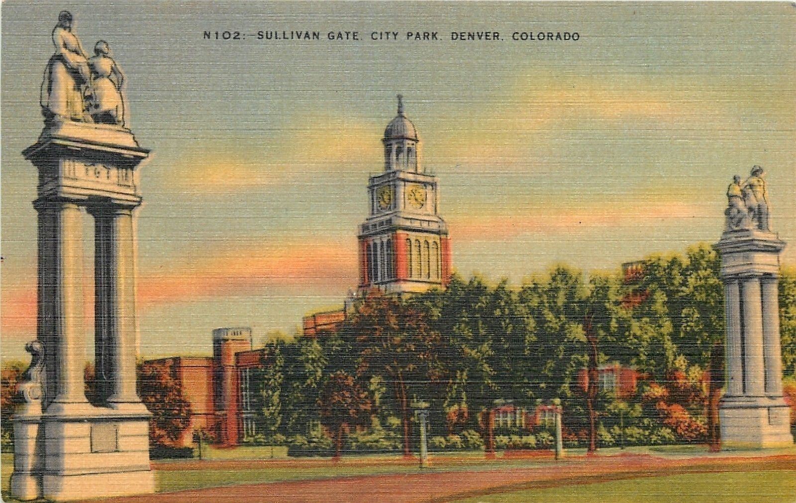 Denver Colorado~Sullivan Gate Monuments~City Park~1940s Linen Postcard ...