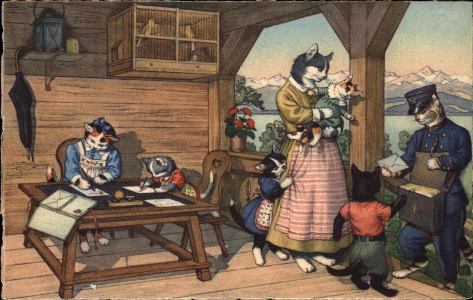 MAINZER CAT FANTASY Cat Mailman Delivers Letter to Cat Family Old ...