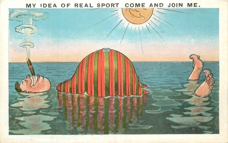 Fat man floating in ocean real ideal of sport come join me Postcard 22 ...
