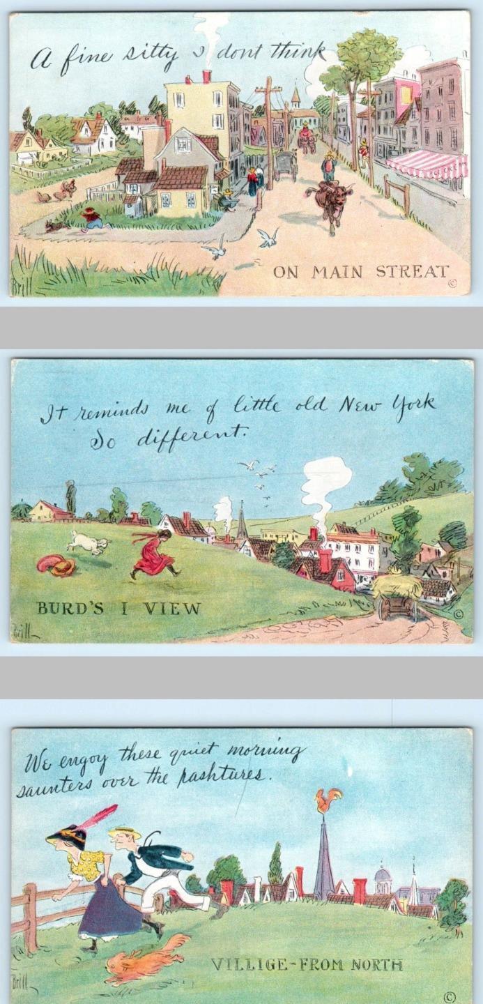 3 Postcards BRILL Artist Signed H.M. ROSE "Burd's I View" MAIN STREET ...