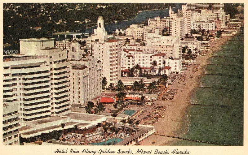 Vintage Postcard Hotel Row Along Golden Sands Miami Beach Florida Gulf ...