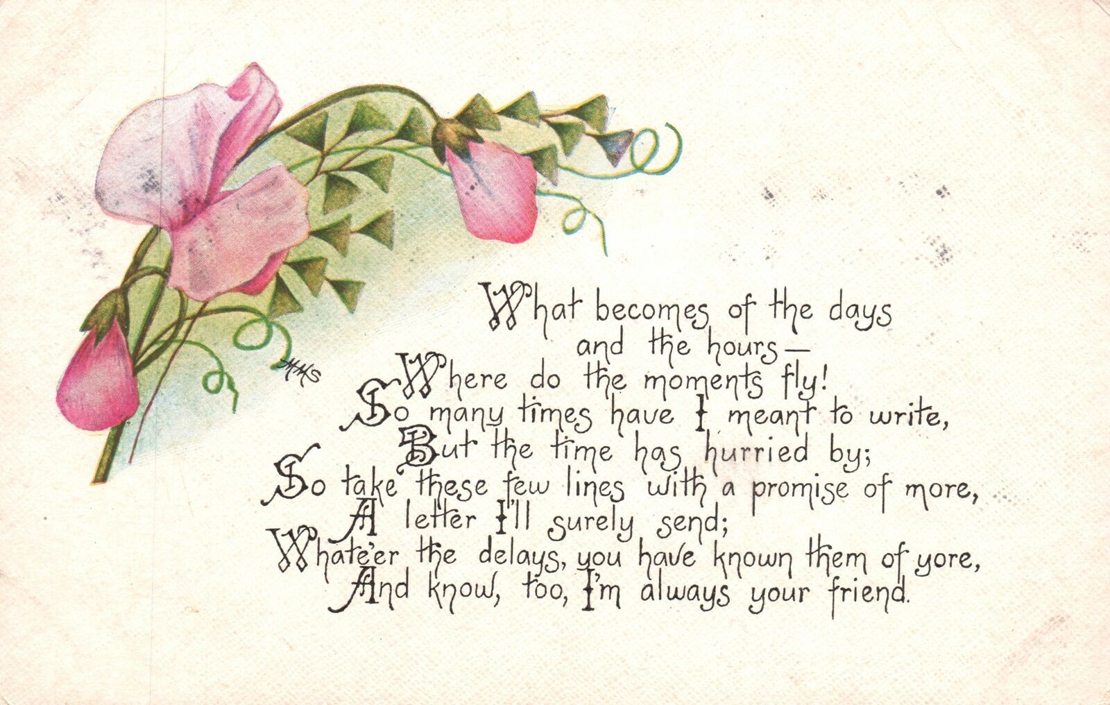 Vintage Postcard Friendship Message Remembrance Card Flower Leaves ...