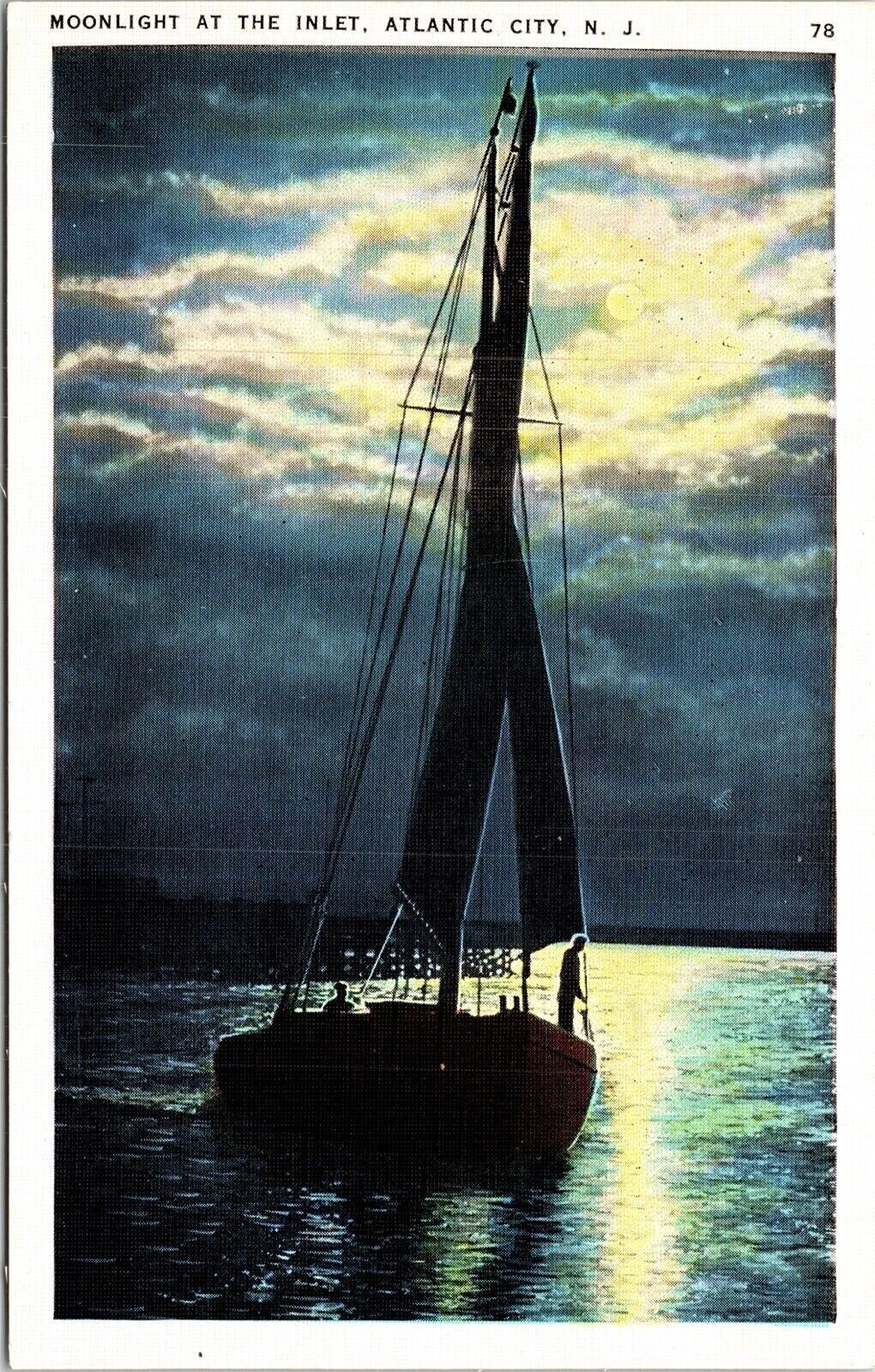 Atlantic City New jersey Inlet Ocean Moonlight Ship Dock Nighttime WB ...
