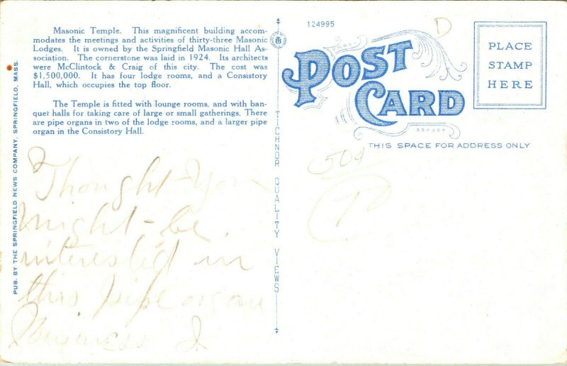 Masonic Temple Freemason Springfield Massachusetts MA 1920s WB Postcard ...