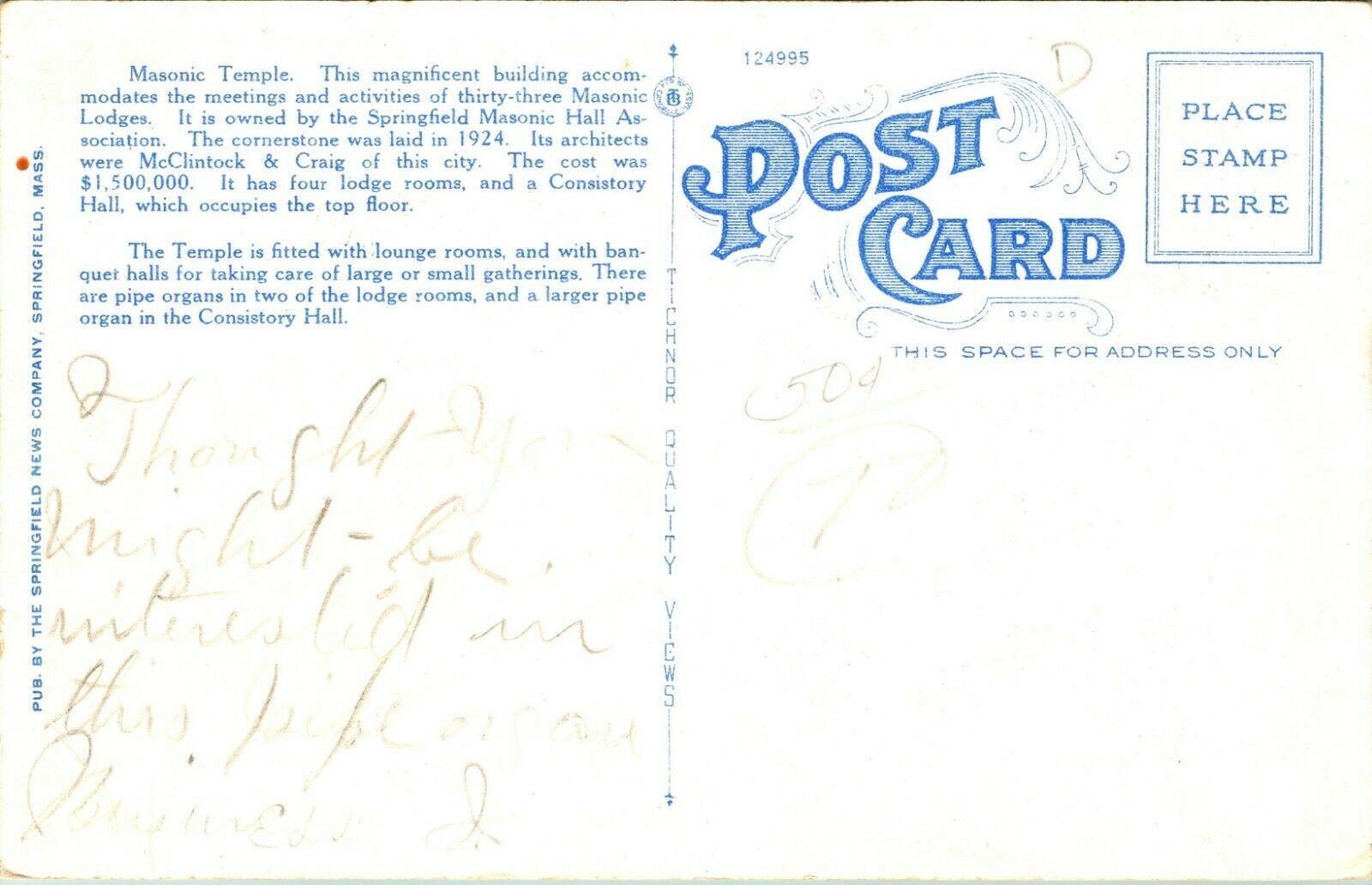 Masonic Temple Freemason Springfield Massachusetts MA 1920s WB Postcard ...