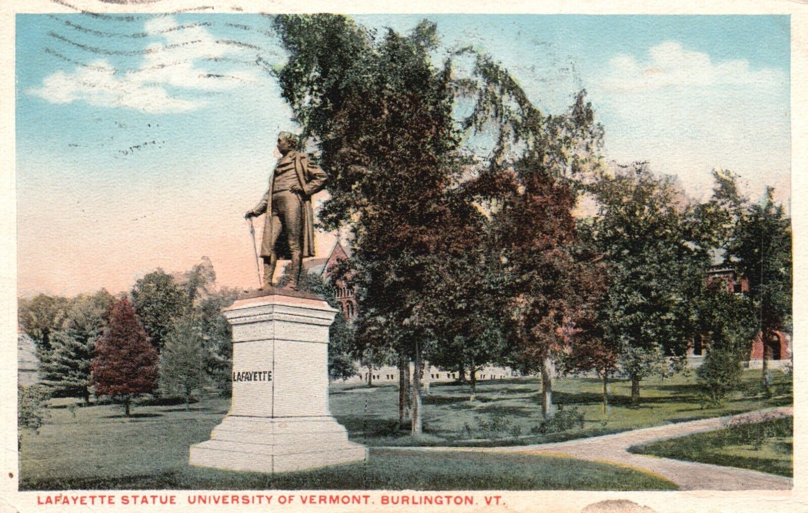 Postcard VT Burlington Lafayette Statue University of Vermont 1917 Old ...