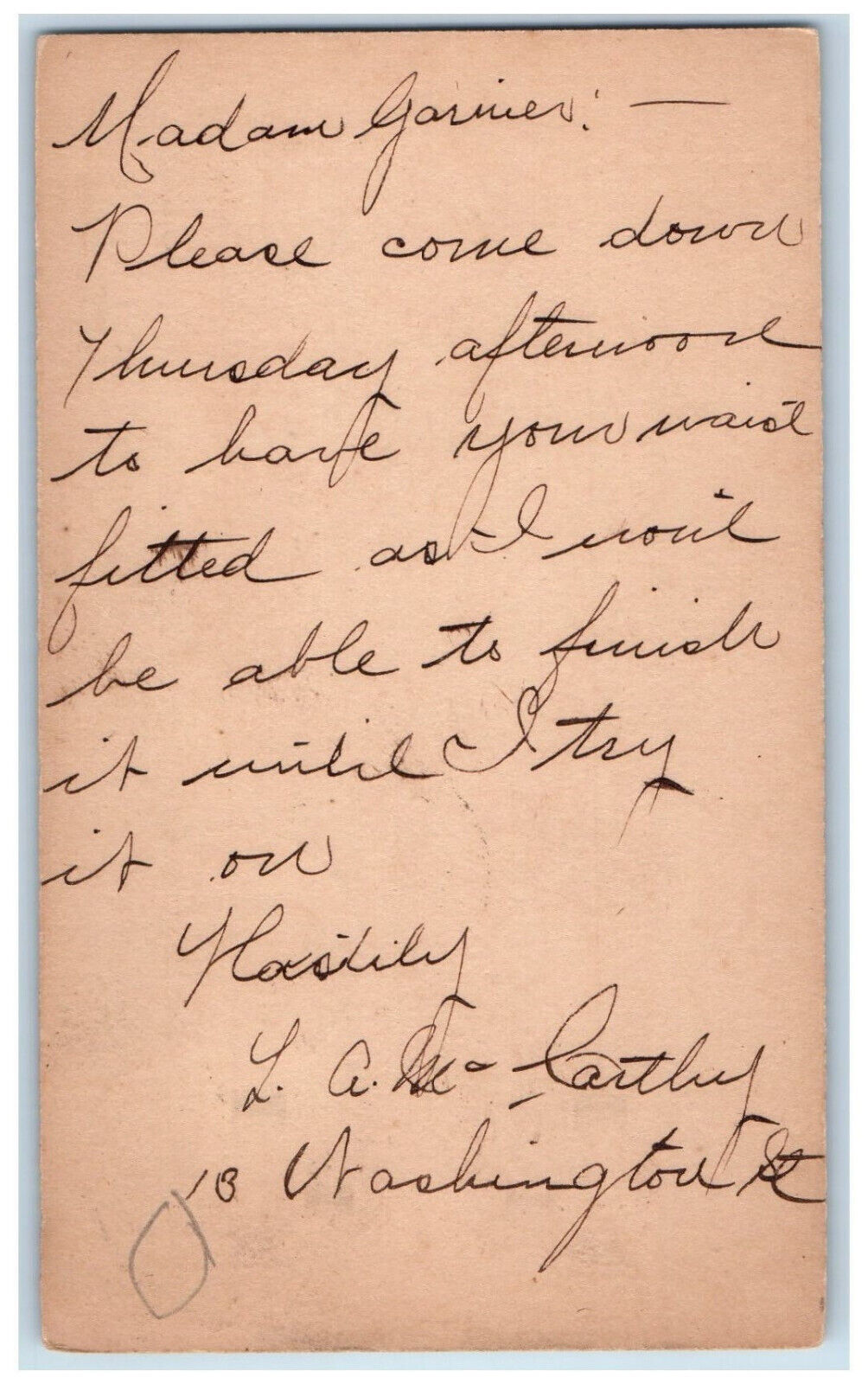 1900 Letter from L.A.M. Carthy to Madam Garnier Tarrytown NY PMC Postal ...