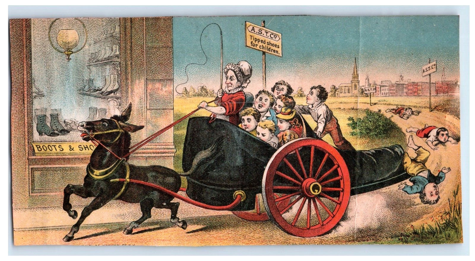 1870s A.S.T. Co. Charles Brendel Lady Kids Donkey Pulling Shoe-Wagon ...
