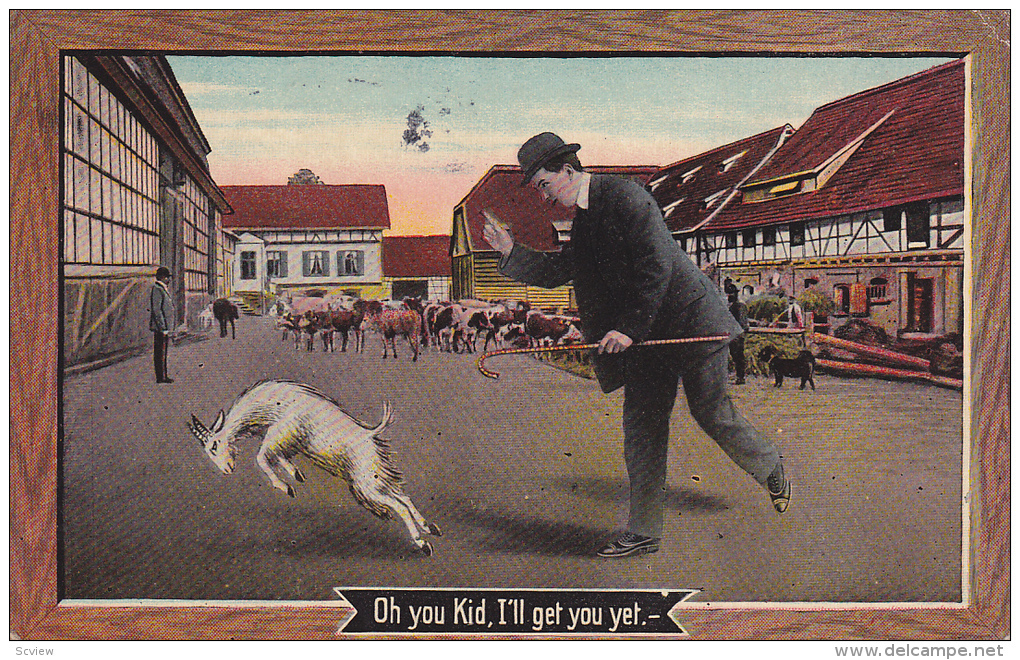 "Oh you Kid, I´ll get you yet" Man chasing a goat, Cattle, PU-1912 ...