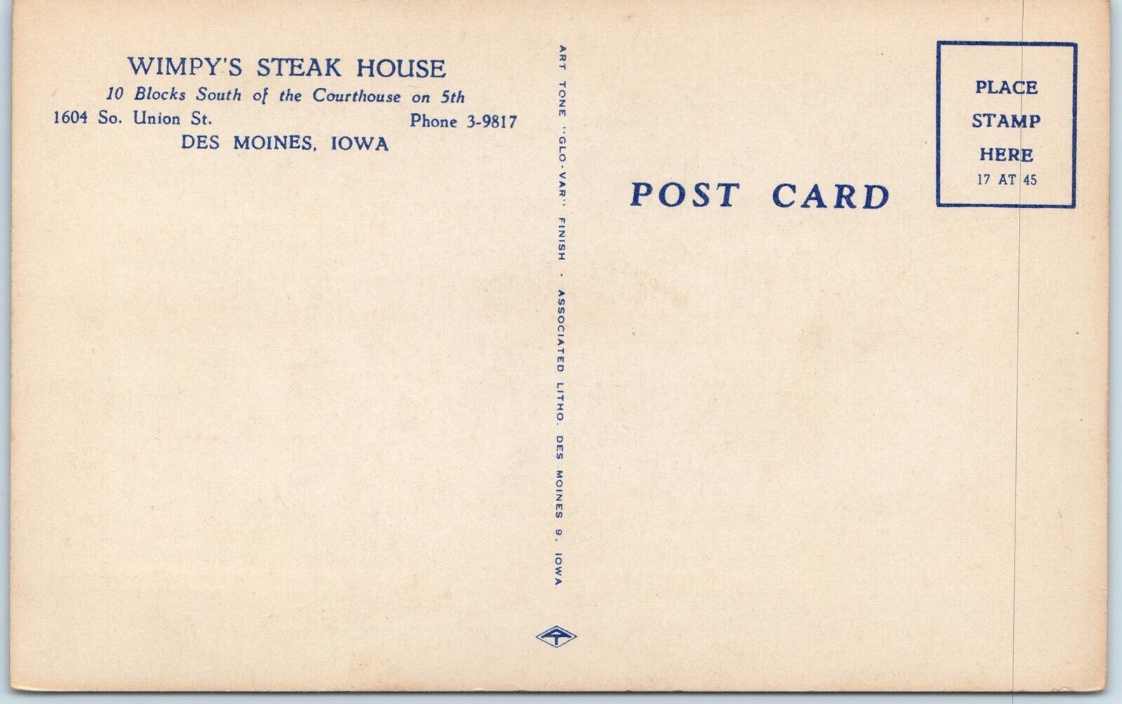 c1950s Des Moines, IA Wimpy's Steak House Roadside Restaurant Union St ...