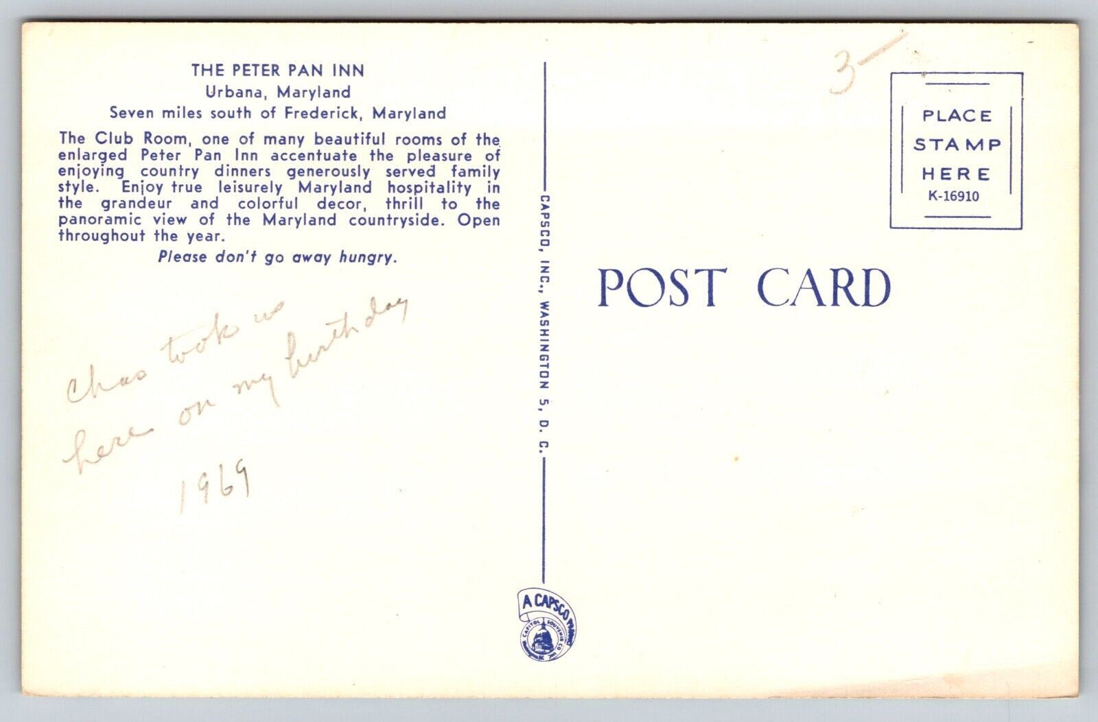 The Peter Pan Inn Urbana Maryland Postcard | United States - Maryland ...