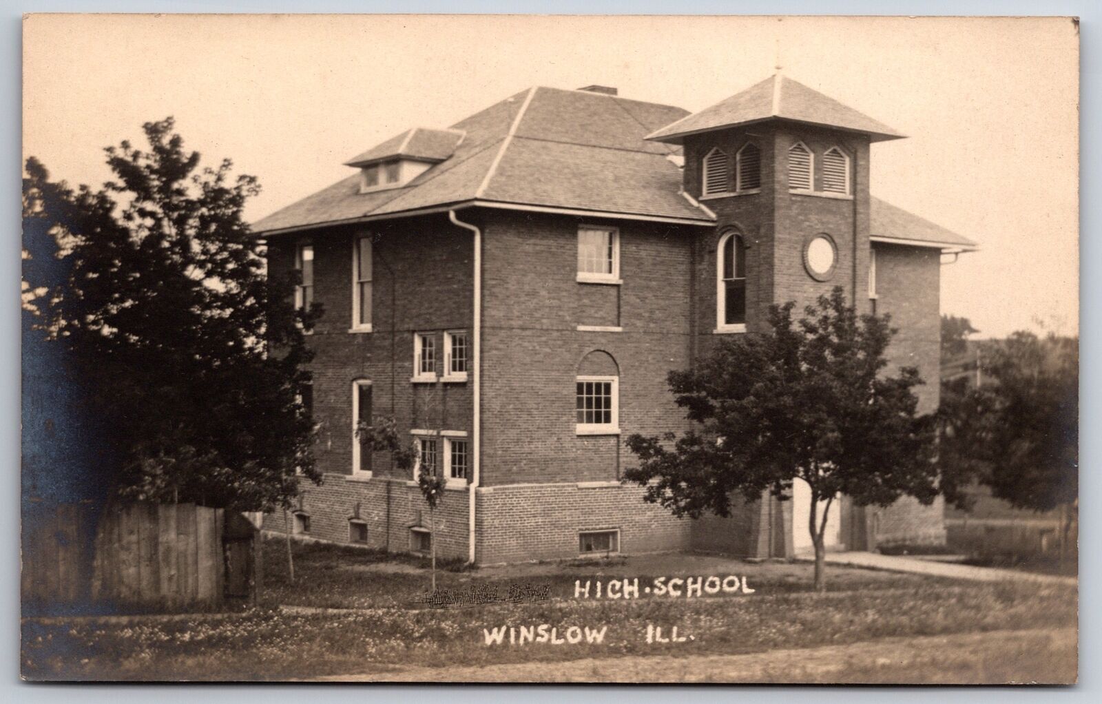 Winslow Illinois~Tower w/Round Window Over Door of High School~Sepia ...