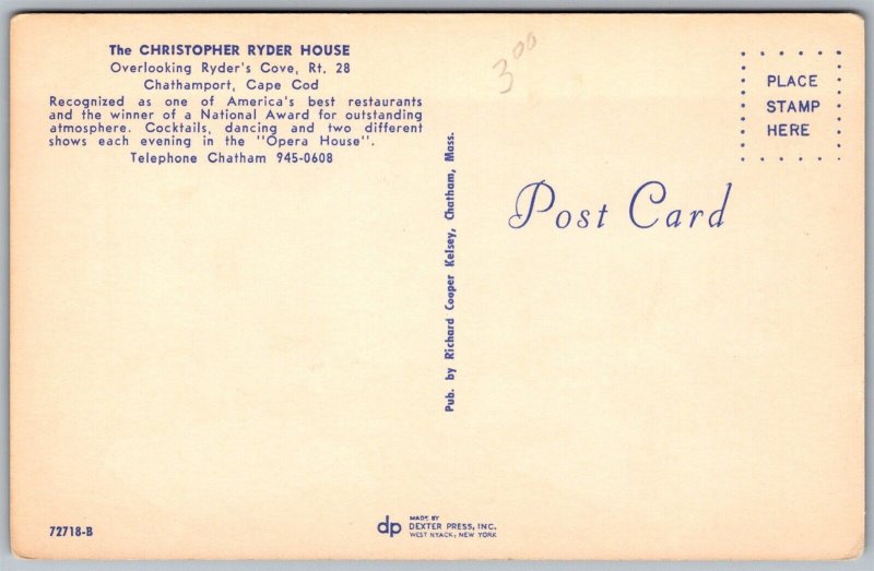 Vtg Cape Cod MA Chathamport Christopher Ryder House Restaurant Postcard ...