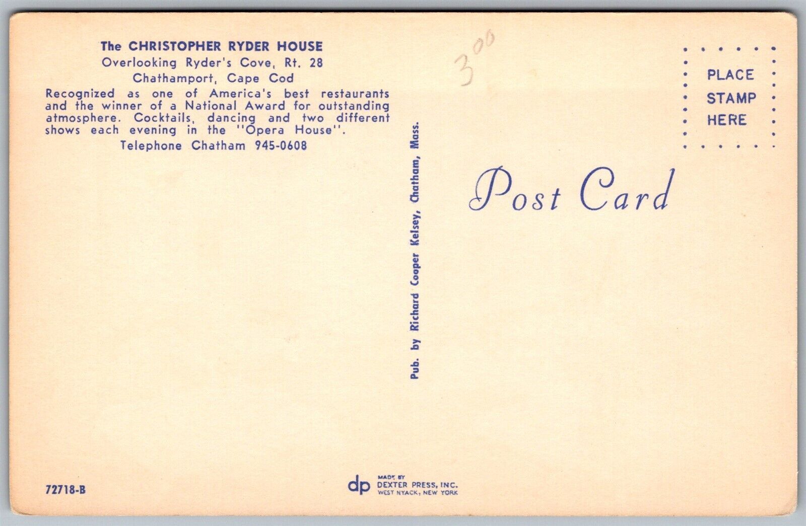 Vtg Cape Cod MA Chathamport Christopher Ryder House Restaurant Postcard ...