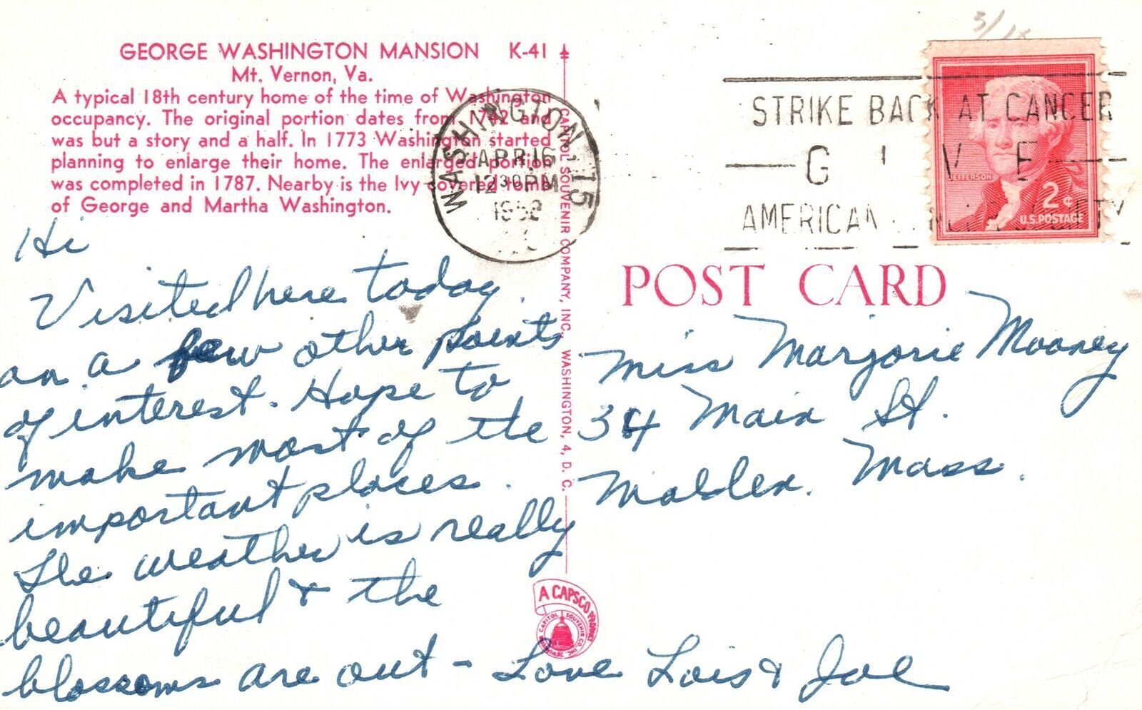 Postcard George & Martha Washington Mansion 18th Century Mt. Vernon ...