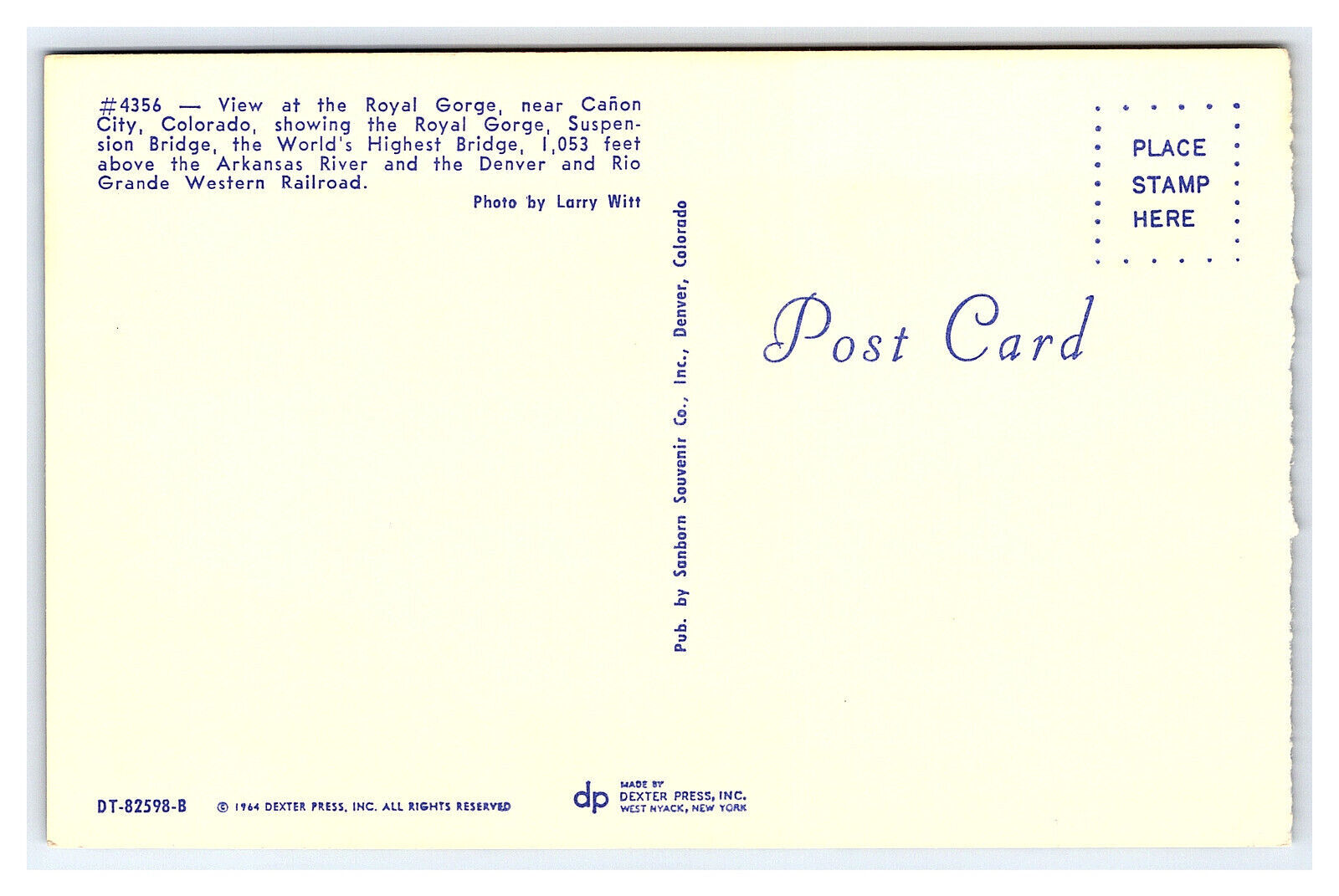 The Royal Gorge Canon City Colorado Postcard World's Highest Suspension ...