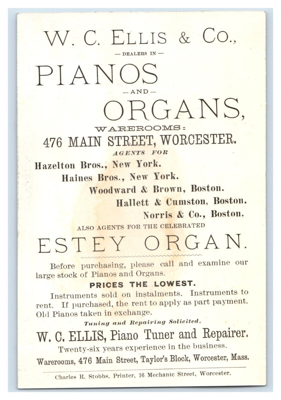 1870s Engraved Theodore Thomas W.C. Ellis & Co. Pianos Organs Tuning ...