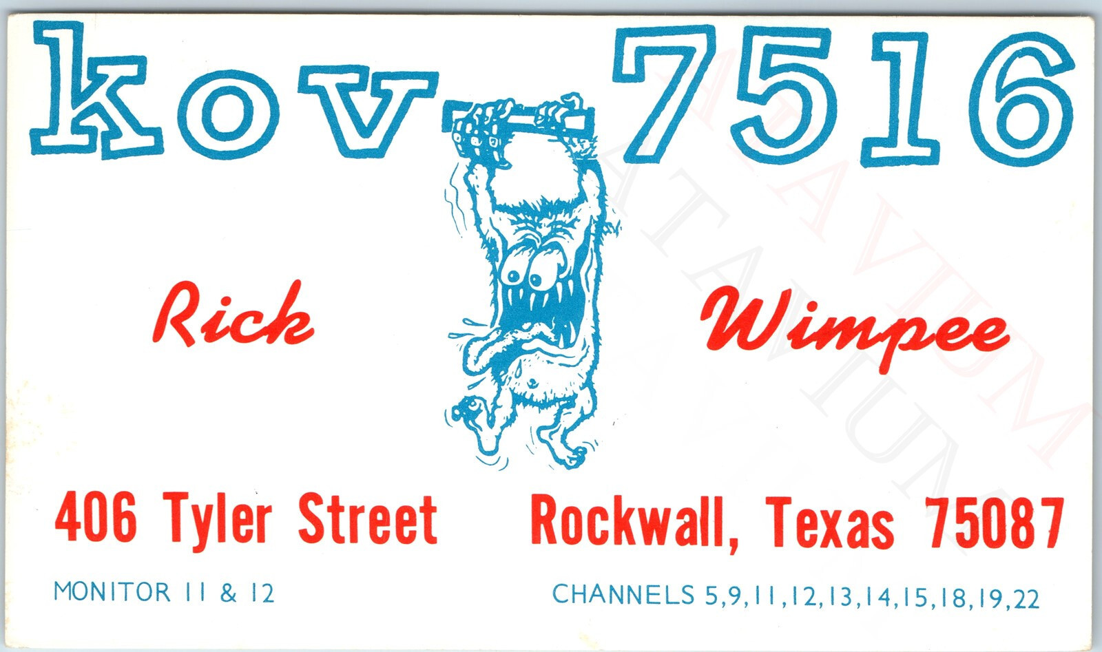 c1970s Rockwall, TX Hanging Monster Art QSL Radio Card Wimpee Cartoon ...